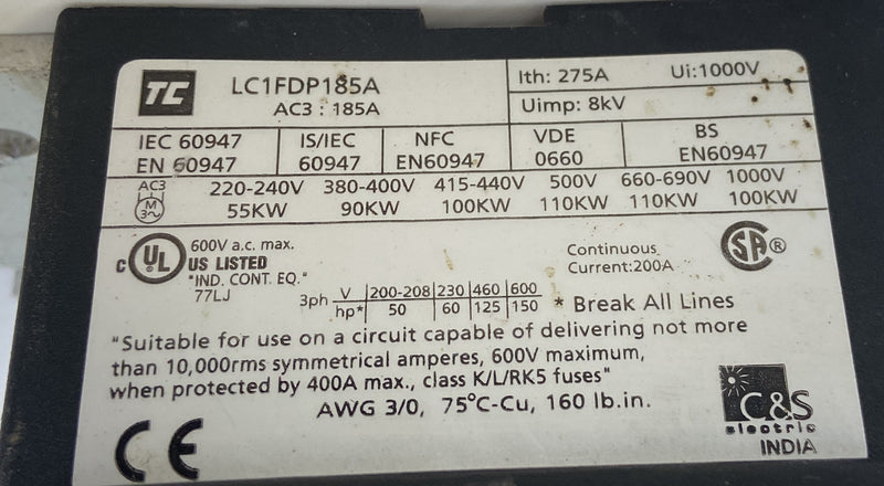 LC1FDP185A - LC1 FDP 185A - AC3 185A AC1 275A 8KV 1000V - TC LC1FD CON ...