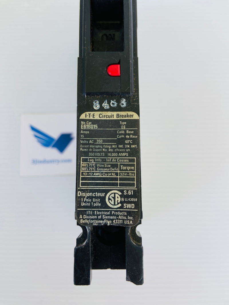 E61B015 - E6 15A 350VAC 40C 1 POLE - SIEMENS ITE E61B015 CIRCUIT BREAK ...